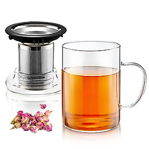 suyika Tomotime Glass Tea Cup with Lid and Stainless Steel Infuser Basket Perfect Clear Tea Mug for Office and Home Uses for Loose Leaf Tea Steeping 13.5 Ounce,400ml, Black