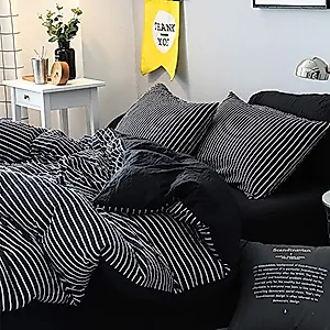 LAMEJOR Duvet Cover Sets Queen Size Striped Pattern Reversible Luxury Soft Bedding Set Comforter Cover (1 Duvet Cover+2 Pillowcases) Black/White