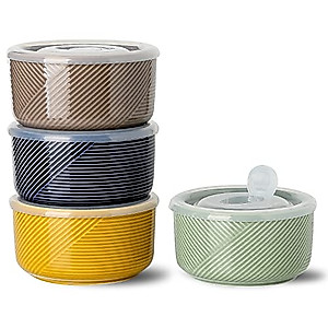 Adewnest Ceramic Bowl with Lid: 5 Inch Porcelain Bowls Set with Lids for Lunch, Picnic - Food Storage Containers - Prep Bowls for Kitchen - Microwave Oven Safe Serving Bowls Set of 4, 20 oz (Warm)