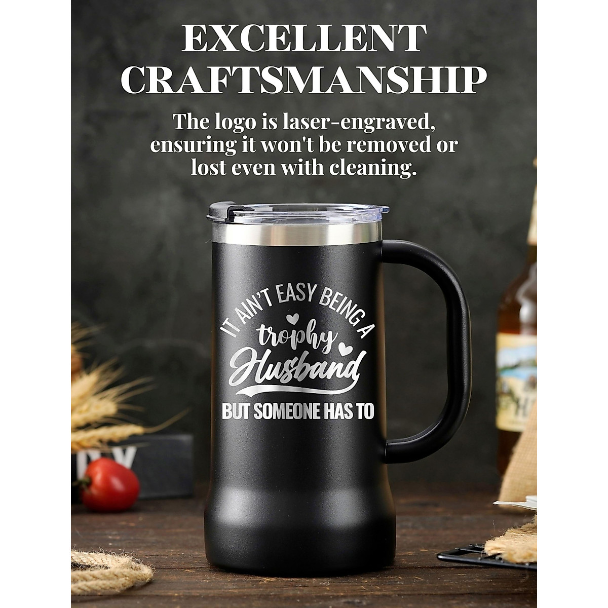 Onebttl Husband Gifts Funny Beer Stein, 24oz Stainless Steel Beer Mug with Lid for Valentine Father's Day, Christmas - Trophy Husband