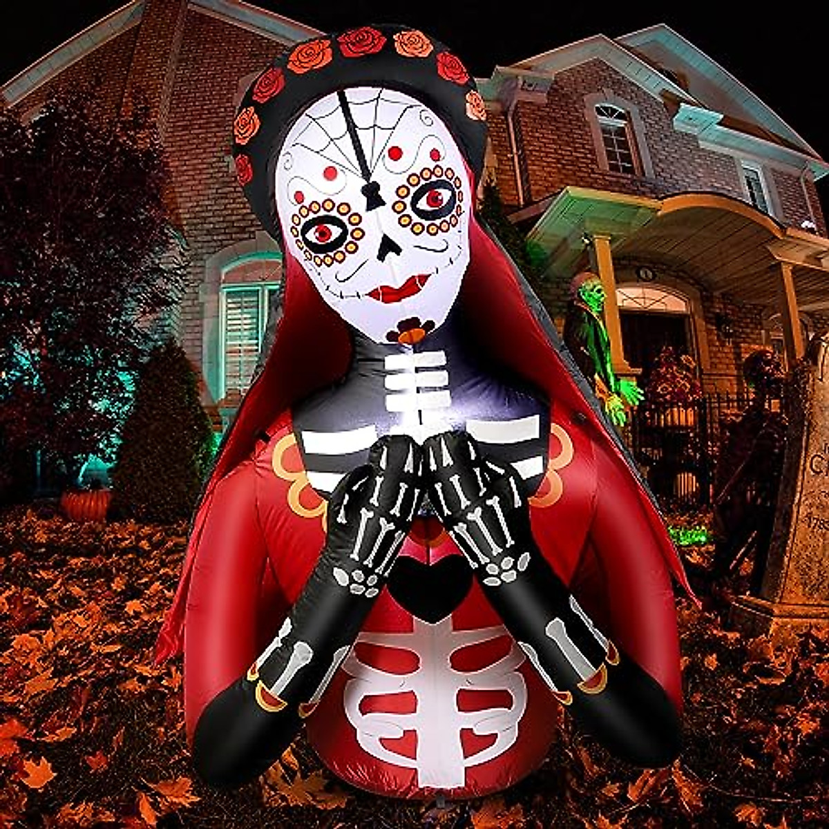 5FT Halloween Inflatables Day of The Dead Sugar Skull Blow Up Decorations with LED Lights and Built-in Sandbags, IDia De Los Muertos Decoration for Holiday Party Indoor Outdoor Garden Lawn Decor