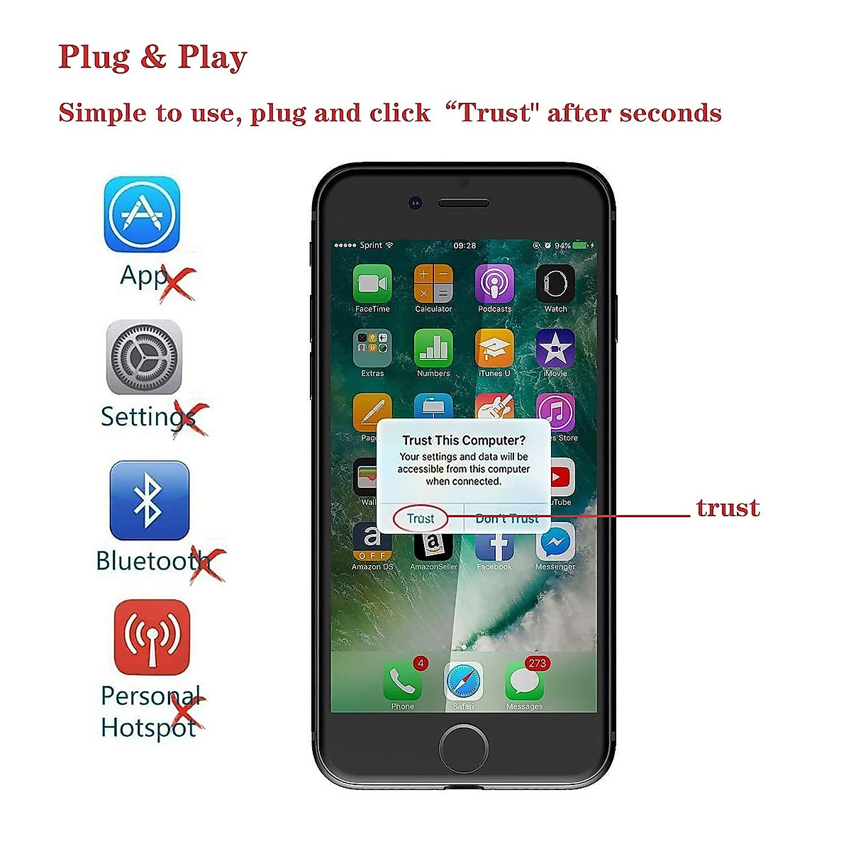 VAKABOX HD USB to HDMI Digital AV Adapter Cable Plug and Play Miracast AirPlay Mirroring HDTV Adapter Compatible with iPhone 12/11/XR XS/8/8Plus, 7/7S/6/6S, Android 5.0 or Higher Smartphones, Tablets