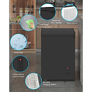 Muhub 3.5 Cu Ft Chest Freezer, Compact Freezer with 7 Level Adjustable Temperature,Top Open Door Freezer with Removable Storage Basket,Energy Saving Deep Freezer, Black