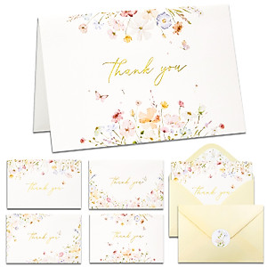 Crisky Floral 4 Assorted Thank You Cards (50 Pack) with Envelopes & Stickers Greeting Cards Bulk, Watercolor Delicate Wildflower for Birthday, Baby Shower, Wedding, Graduation