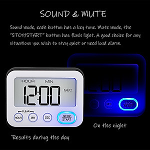 Digital Kitchen Timer Magnetic Loud Alarm, Large LCD Screen Silent/Beeping Multi-Function for Teachers Classroom Kids, Black