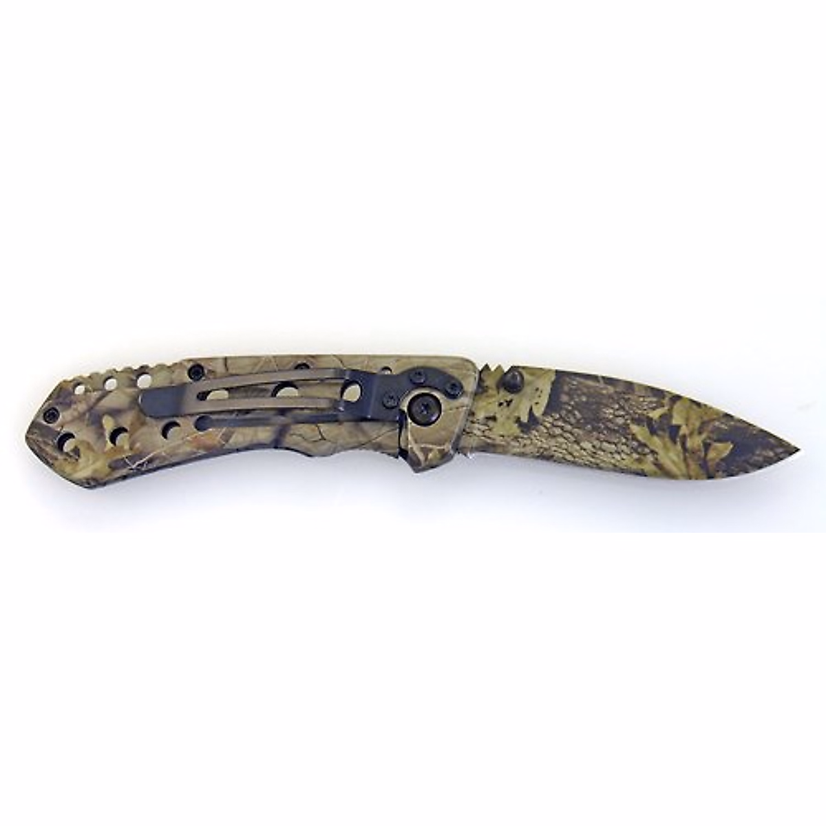 Gray Camouflaged Handled Hunting Knife with a single 7-1/4 Folding Straight Edge Gray Camouflaged Smooth Blade made of 440 Stainless Steel