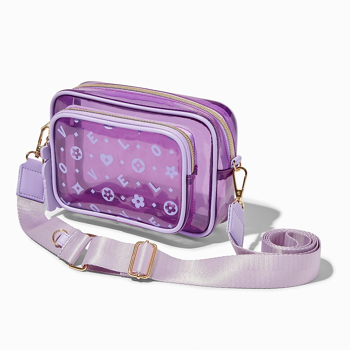 Claire's Accessories Purple Status LOVE Icon Bag – Transparent Camera-Style Crossbody - Purse with Adjustable Strap – Ideal Small Purse for Travelling – Cute One Size Girls Crossbody