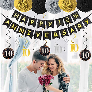 Yoaokiy 10 Year Anniversary Decorations Supplies Kit - Happy 10th Anniversary Banner, 9 Hanging Swirls, 6 Poms - 10th Wedding Anniversary Party Decorations…