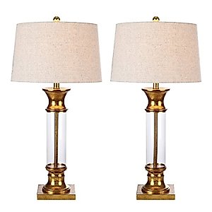 JONATHAN Y JYL4000B-SET2 Set of 2 Table Lamps Hunter 32" Metal/Glass LED Table Lamp Cottage Rustic Bedside Desk Nightstand Lamp for Bedroom Living Room Office College Bookcase, Gold/Clear