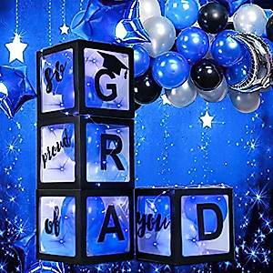 Graduation Party Decorations 2023 Graduate Balloon Boxes, 4Pcs Black Balloon Boxes for Graduation Party with " Grad" " So Proud Of You" Black Letter 4 LED Light Strings 2023 School Grad Party Supplies