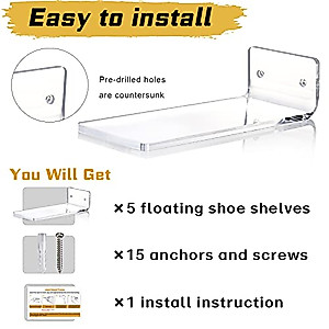 Forzacx Floating Shoe Display Set of 5, Sturdy Levitating Acrylic Shelf , Easy to Install Sneaker Shelves Storage, for Bedroom, Hallways etc - Display Your Top Shoes Maximize Wall Space