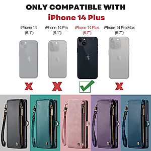 Defencase for iPhone 14 Plus Case, RFID Blocking for iPhone 14 Plus Wallet Case for Women and Men with Card Holder Zipper PU Leather Protective Cover for iPhone 14 Plus Phone Case, Blue Green