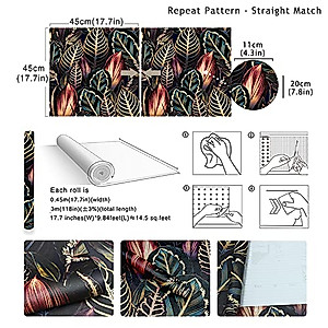 Luvdecor Peel and Stick Wallpaper Boho Bold Luxury Leaf Wallpaper Removable Wallpaper Boho Peel and Stick Floral Wallpaper for Bedroom Bathroom Stick On Wallpaper for Accent Wall Decor 17.7 * 118in