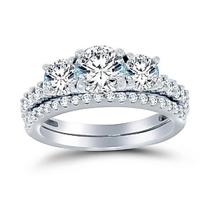 Solid 14k White Gold CZ Cubic Zirconia 3 Three Stone Bridal Engagement Ring w/Matching Wedding Band Two Ring Set - Round Brilliant Cut Solitaire with Round Side Stones (3.0cttw, 1.0ct. Center)