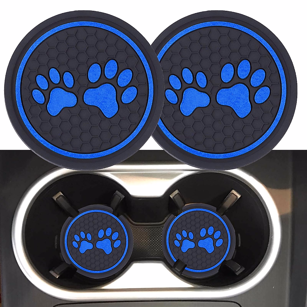 ZKFAR Pack-2 Car Cup Holder Coaster, Silicone Anti Slip Coaster, Dog Paw Car Coaster, Car Interior Accessories, for Most Cars, Trucks, RVs (Blue)