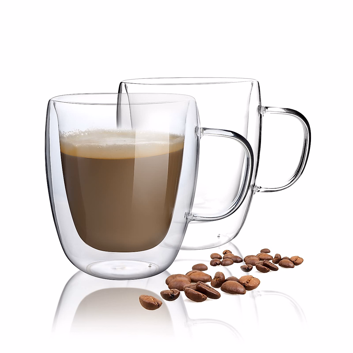 HORLIMER 15 oz Double Walled Glass Coffee Mugs Set of 2, Clear Insulated Coffee Cup with Handle for Espresso Cappuccino Latte Tea Milk Juice