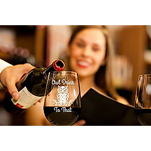 Owl Drink To That Funny 15 Ounce Stemless Wine Glass | Perfect Birthday Owl Themed Gift For Men or Women | Owls Kitchen Decor and Decorations | Unique Owl Housewarming Gifts
