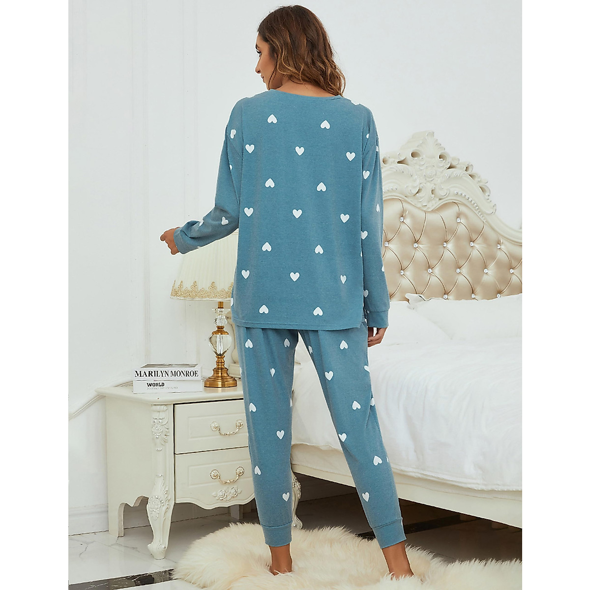 Blooming Jelly Womens Cute Pajama Sets Drawstring Heart Printed Sleepwear Pockets 2 Piece Pj Set 2025 (Large, Blue)