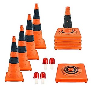 WHDZ 28 inch Collapsible Traffic Cones with LED Light Multi Purpose Pop up Reflective Safety Cones 4 Pack Orange