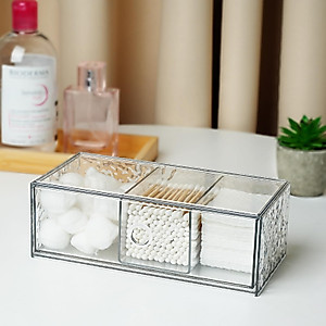 Qtip Holder, Small Makeup Organizer Drawer Case for Countertop, Bathroom Vanity Storage Holder for Cotton Swab, Ball, Floss, Lipstick, Jewelry (Clear)