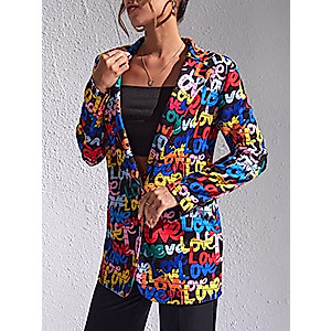 WDIRARA Women's Color Block Graphic Print Long Sleeve Lapel Blazer Jacket Multicolor Letters L