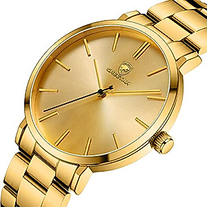 GOLDEN HOUR Men's Watches Slim Minimalist Runway Gold Plated Stainless Steel Quartz Analog Watch with Black Hands