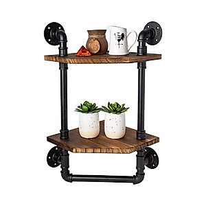 Bathroom Corner Shelf w/ Pipe Towel Bar – Farmhouse Towel Rack Made of Paulownia Wood and Cast Iron, Pipe Rack in Black Matte – Hand Towel Holder for Rustic Décor w/ 2-Tier Shelf - Rustic Brown