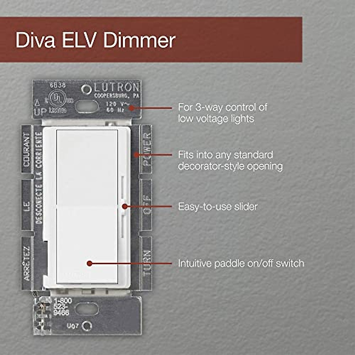 Lutron Diva Electronic Low Voltage Dimmer | 300-Watt, Single-Pole or 3-Way | DVELV-303P-WH, White
