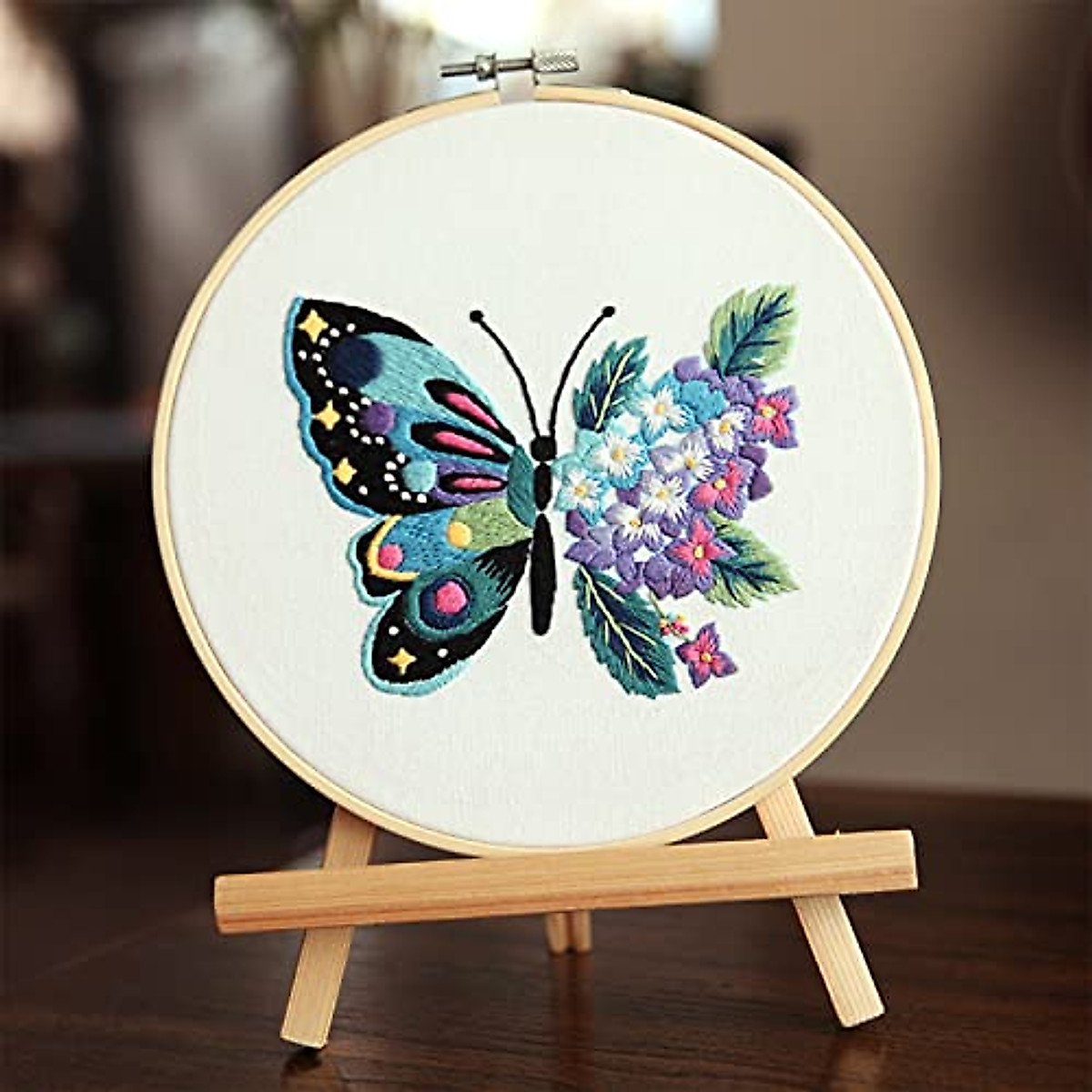 HaiMay 4 Sets Embroidery Starter Kit with Pattern and Instructions, Cross Stitch Kit Include 4 Embroidery Clothes with Butterfly Pattern, 4 Bamboo Embroidery Hoops, Color Threads and Tools