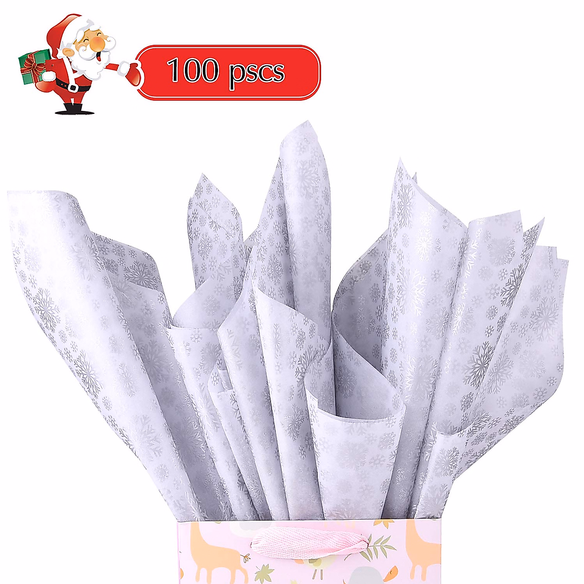 FEPITO 100 Sheets Silver Snowflake Wrapping Paper Big Size Christmas Tissue Paper for DIY and Craft, Gift Bags Decorations (14 x 20 Inch)