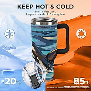 STVNKML 40 Oz Tumbler with Handle Orca Killer Whale Print Stainless Steel Coffee Mug Reusable Travel Mug Leak-proof Insulated Car Cup Large Capacity Tumbler for Travel, Outdoor, Home Use (Black)