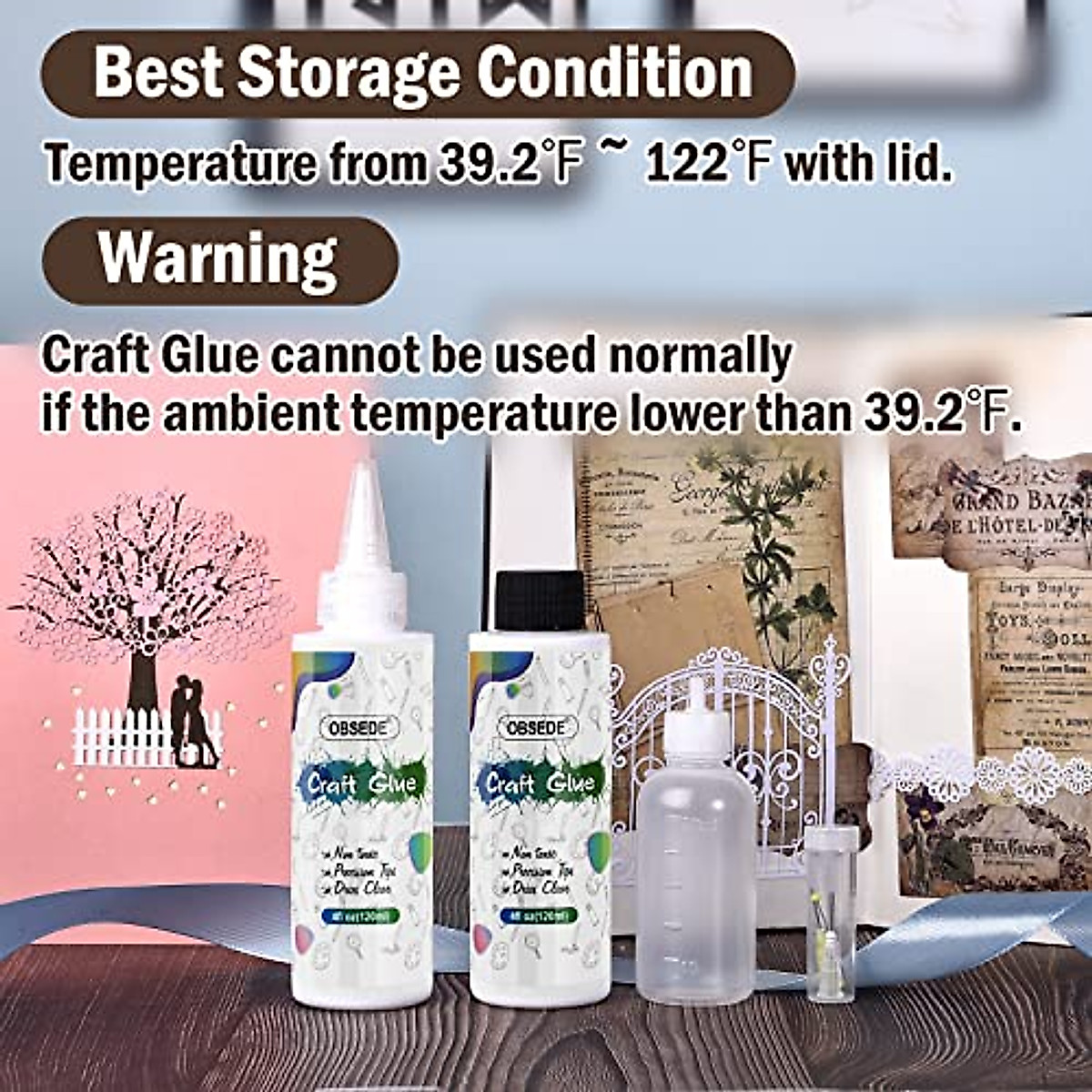 OBSEDE Craft Glue Dries Clear Art Adhesive 4fl oz/120ml with Fine Metal Tip Bottle Applicator Kit for DIY Crafts Glitter Paper Card Decoupage Scrapbooking
