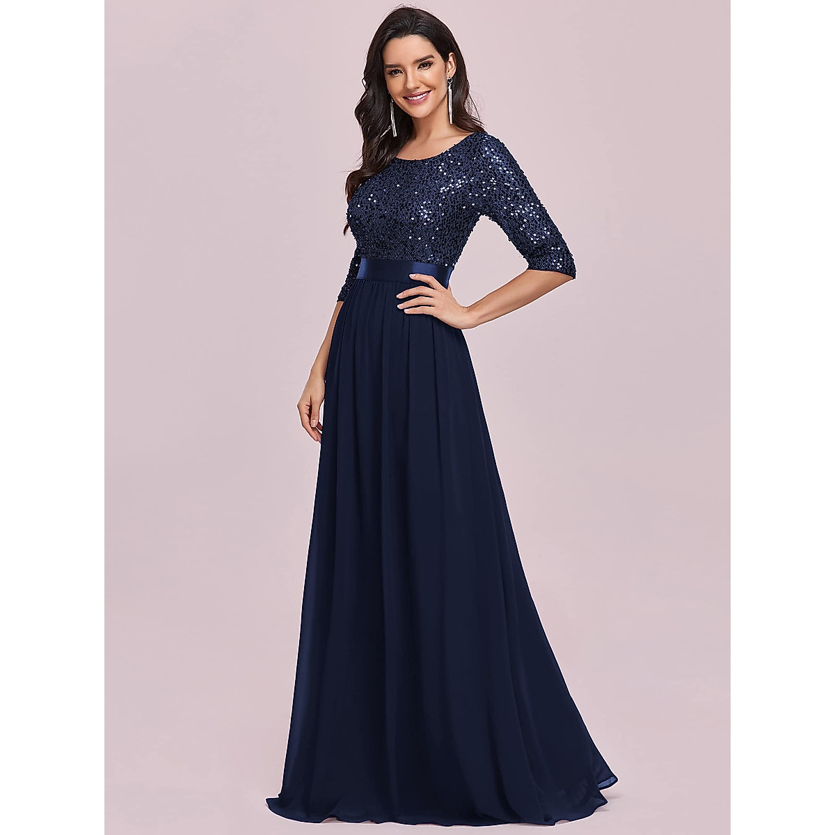 Ever-Pretty Women's Elegant A Line Crew Neck Half Sleeve Sequin Maxi Evening Dress Navy Blue US10