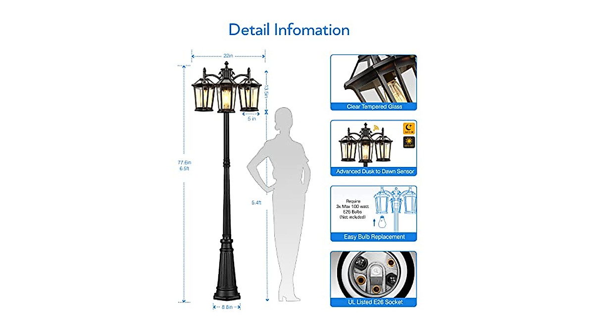VIANIS Outdoor Lamp Post Lights with Dusk to Dawn Sensor, Triple Head ...