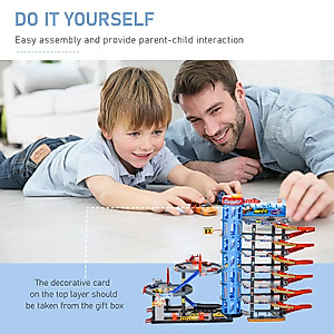 Qaba 7-Level Car Parking Garage Toy Race Tracks Car Ramp Set Toddler Car Games 96PCS w/Cars & Helicopter Elevator Gas Station Car Repair Station for 3-6 Years Old