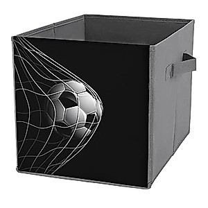 Soccer Ball on Black PU Leather Collapsible Storage Bins Canvas Cube Organizer Basket with Handles