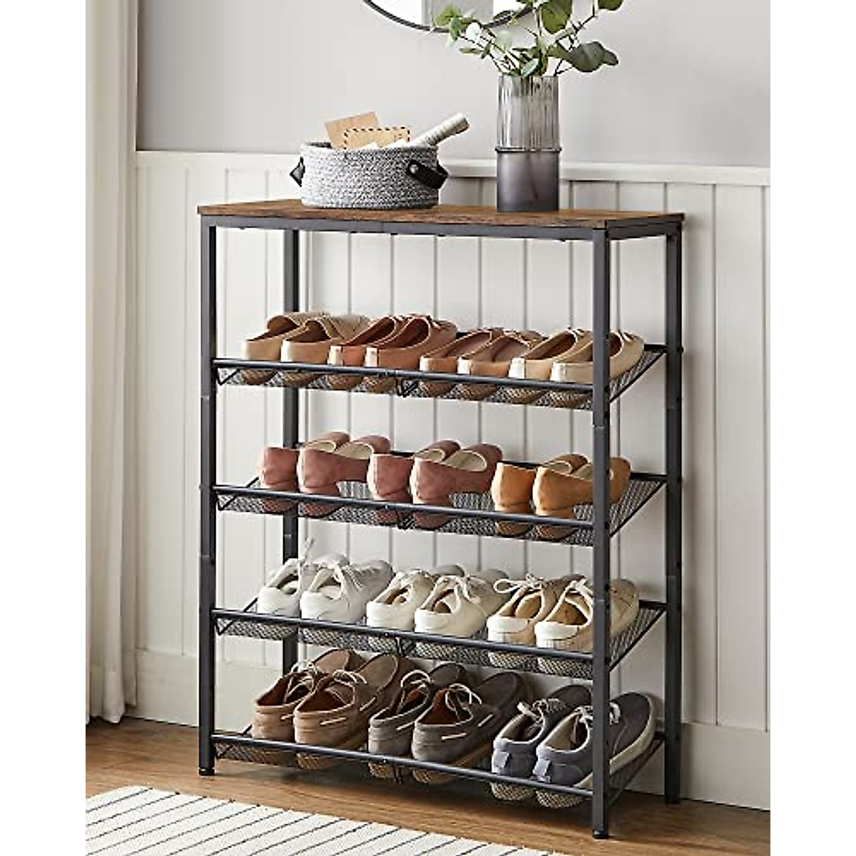 VASAGLE Shoe Rack for Entryway, 5 Tier Shoe Storage Shelves, 16-20 Pairs Shoe Organizer, with Sturdy Wooden Top and Steel Frame, Free Standing, Industrial, Rustic Brown and Black ULBS038B01