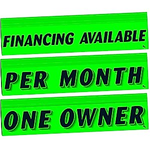 Versa Tags Windshield Slogan Stickers 12 Pack of FINANCING Available Stickers 12 Pack of PER Month Slogans 12 Pack of ONE Owner Window Stickers (36) Dealership Stickers Black On Green