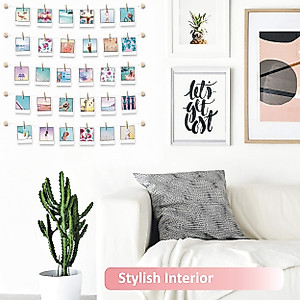 BIZYAC Hanging Photo Display Room Wall Decor - Sculptural Picture Frames Collage - 5 Strings with 30 Clips - 3M Self Adhesive Hooks - No Holes Drilling - 30 x 30 inch