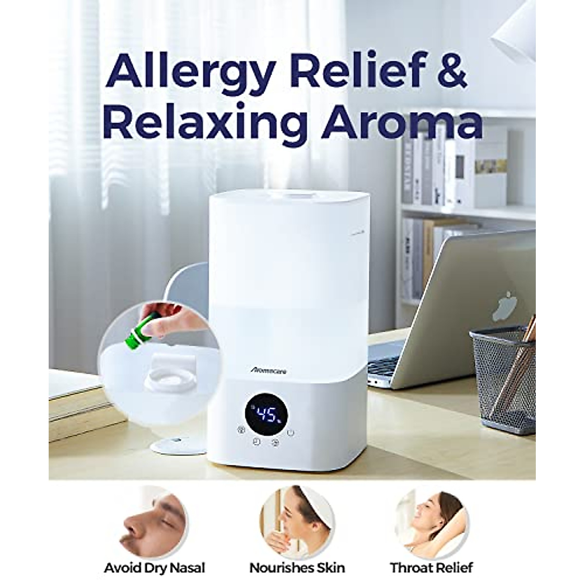 Aromacare Humidifiers for Bedroom, 2.5L Cool Mist Air Humidifier with Essential Oil Diffuser, Small Ultrasonic Top Fill for Baby Kids Plant, Auto Humidity, Auto Shut-Off (White)