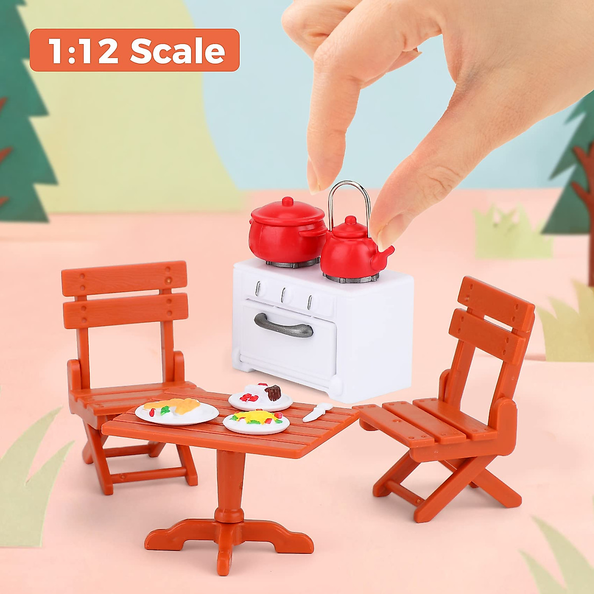 26pcs Miniature Dollhouse Furniture, 1:12 Doll House Furniture Table Chair TV Cabinet Set, Kitchen Pretend Play Toys with Cooktop Kettle, Mini Dollhouse Accessories for Birthday Christmas Party Gift