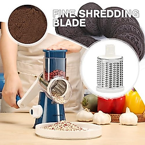Tevokon Cheese Shredder Rotary Cheese Grater Manual Vegetable Slicer with 3 Interchangeable Stainless Steel Blades with Suction Base Cheese Grater and Cleaning Brush Dark Blue