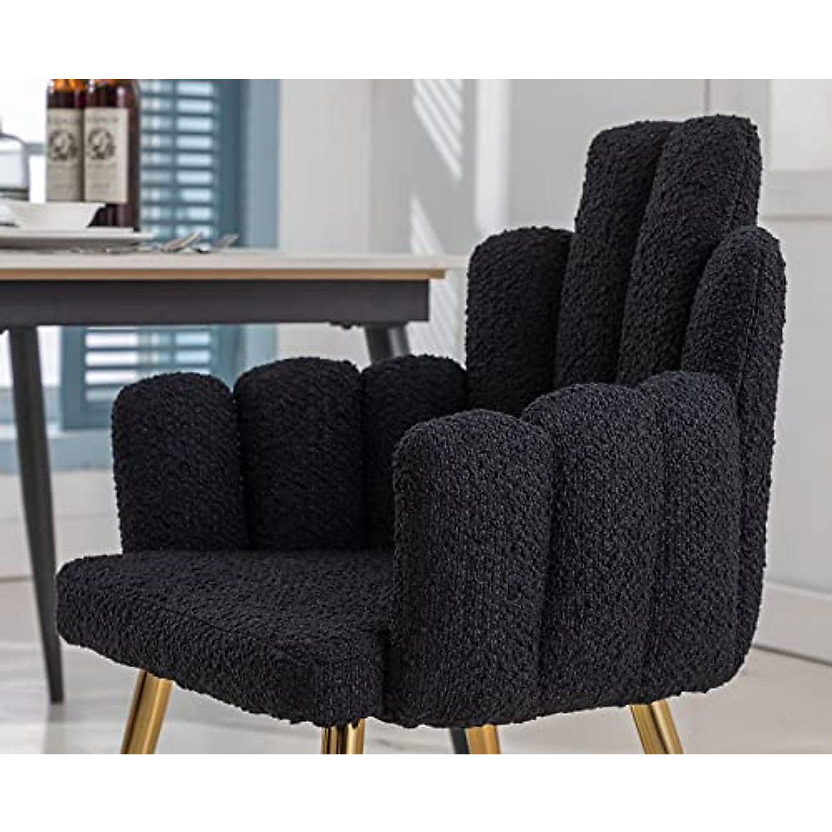 VESCASA Sherpa Accent Chairs with Petal Back, Mid-Century Modern Upholstered Dining Chairs with Arms, Makeup Vanity Chairs with Gold Metal Legs for Living Room/Bedroom, Set of 2, Black