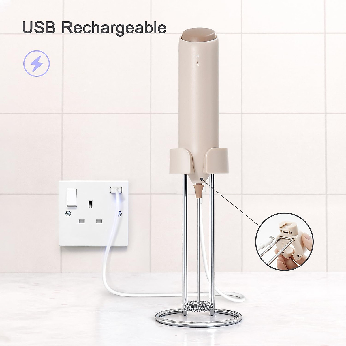 ELMWAY Powerful Electric Milk Frother Set, Rechargeable Drink Blender with Stand/Base, Foam Maker Mixer, Handheld Milk Frother for Coffee, Cappuccino, Latte, Matcha, Protein Powder - Beige