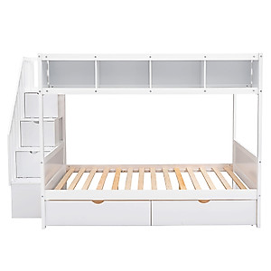 Harper & Bright Designs Twin Over Full Bunk Bed with Storage Staircase and 2 Drawers,Wood Bunk Bed Frame with 4 Storage Shelves for Kids Boys Girls Teens, No Box Spring Need,White