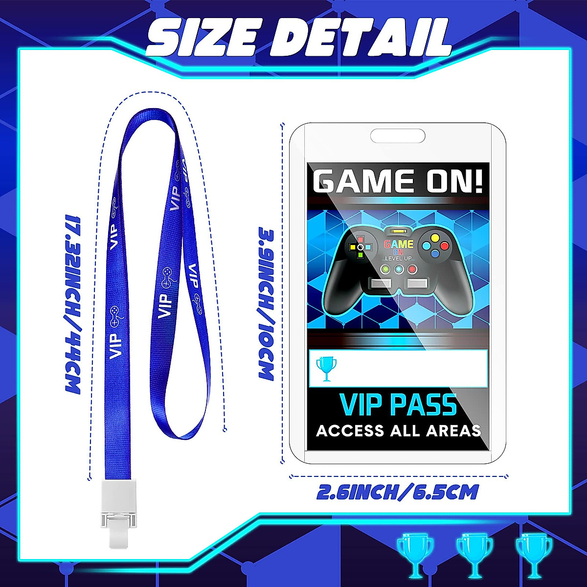 16 Pieces Blue Video Game VIP Pass Holder Tickets Set Video Game Party Favors Game Ticket Holder Gamer Party VIP Pass Lanyards for Game Themed Birthday Party Supplies