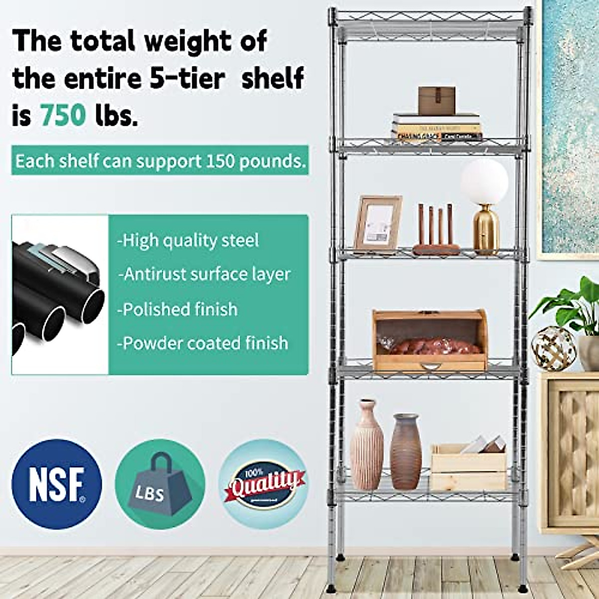 XXkseh 5 Tier Storage Shelves Wire Shelving Unit Adjustable Metal Shelf Heavy Duty Garage Storage Rack Wire Shelves Display Rack for Laundry Livingroom Kitchen, 16.7" L×11.8" W×47.6" H, Chrome