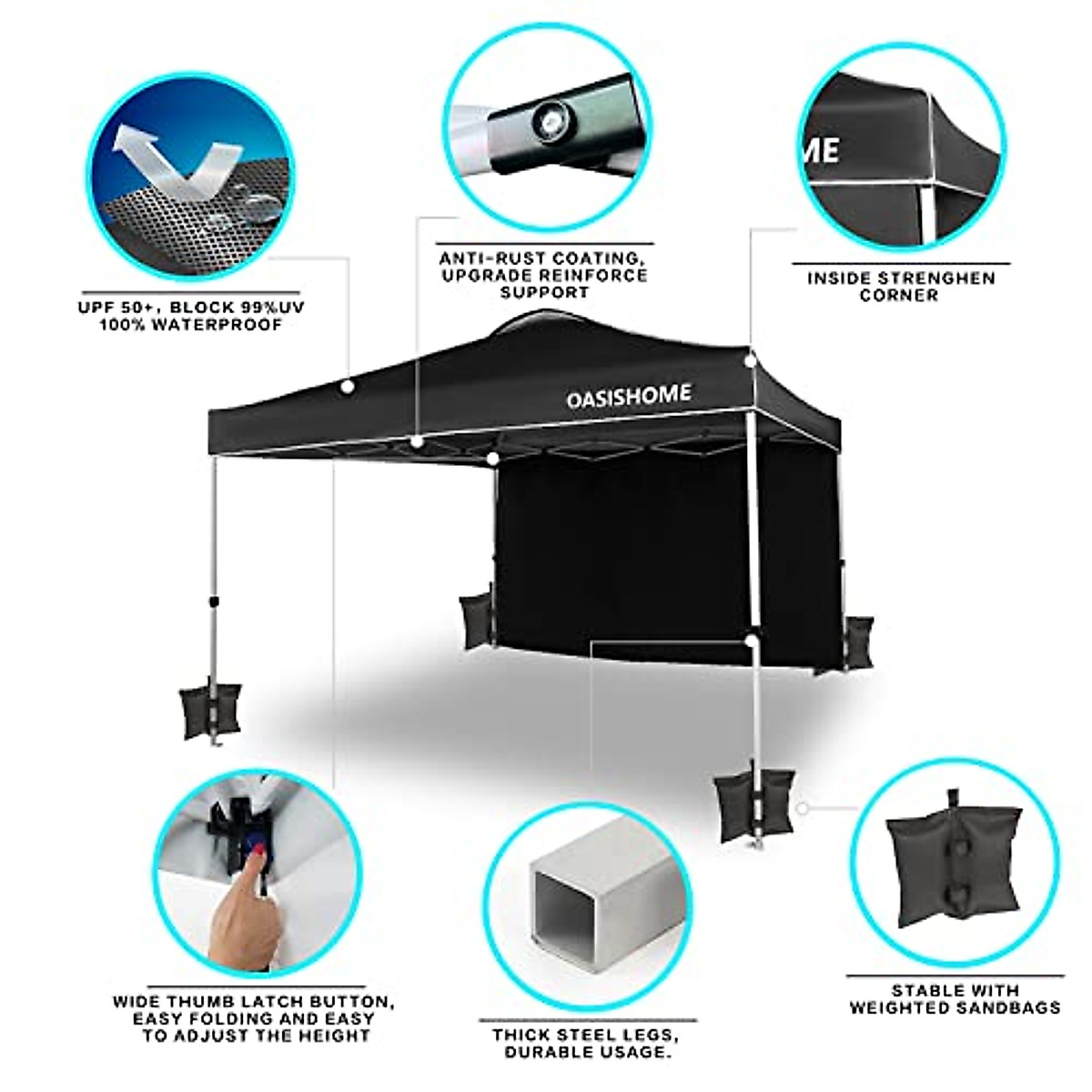 OASISHOME Pop-up Gazebo Instant Portable Canopy Tent 10'x10', with 1 Sidewall, Wheeled Bag, for Outdoor/Beach Parties and Trade Shows (10FTx10FT, Black)