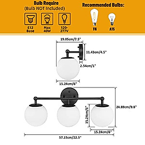 OUVR 3-Light Black Bathroom Light Fitures Mid Century Modern Vanity Light Black Milky Glass Ball Wall Light for Bathroom(Matte Black, 3-Light)