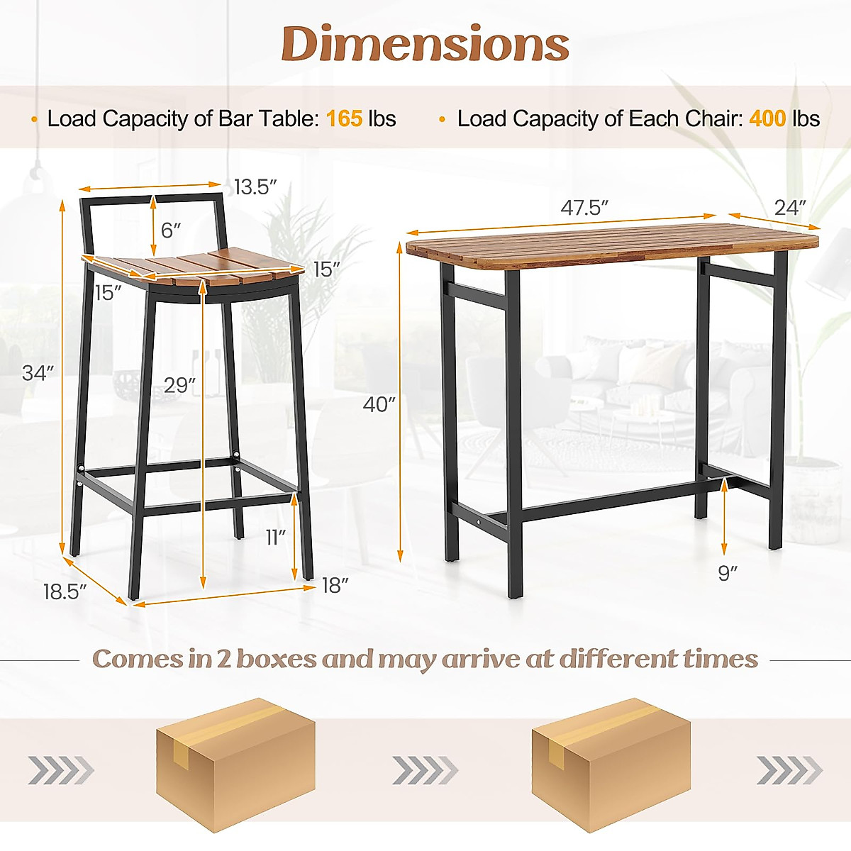 Tangkula 5 Piece Acacia Wood Bar Table Set, Outdoor Bar Height Table & Chairs with Metal Frame & Footrest, Patio Bar Table Set for 4, Patio Furniture Bistro Set for Deck, Garden & Poolside